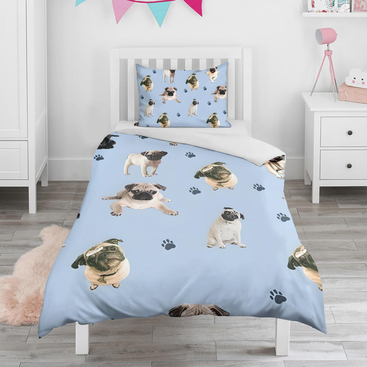 Pug and Footprints Duvet Cover and Pillowcase Set for Single Bedding ...