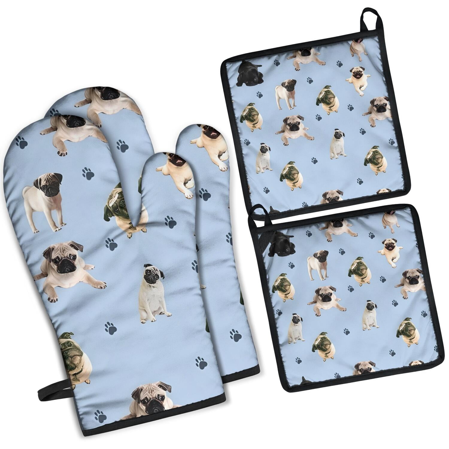 Pug and Footprints Kitchen Oven Mitt and Pot Holder Sets 2 Pcs for ...