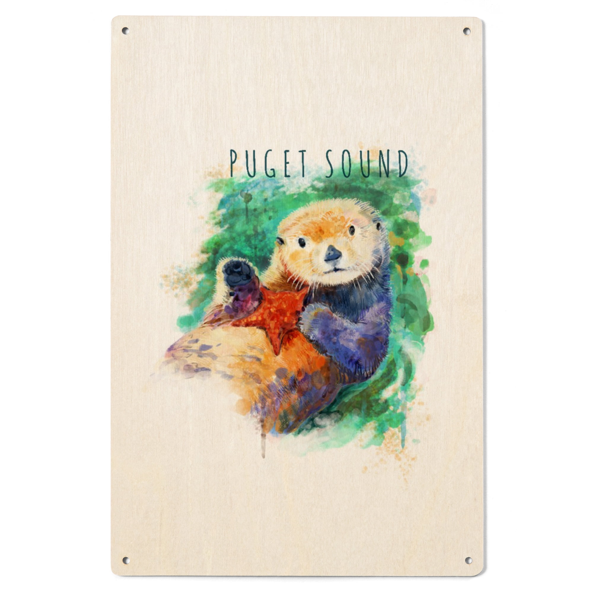 Puget Sound, Sea Otter, Watercolor, Contour Birch Wood Wall Sign (6x9 ...