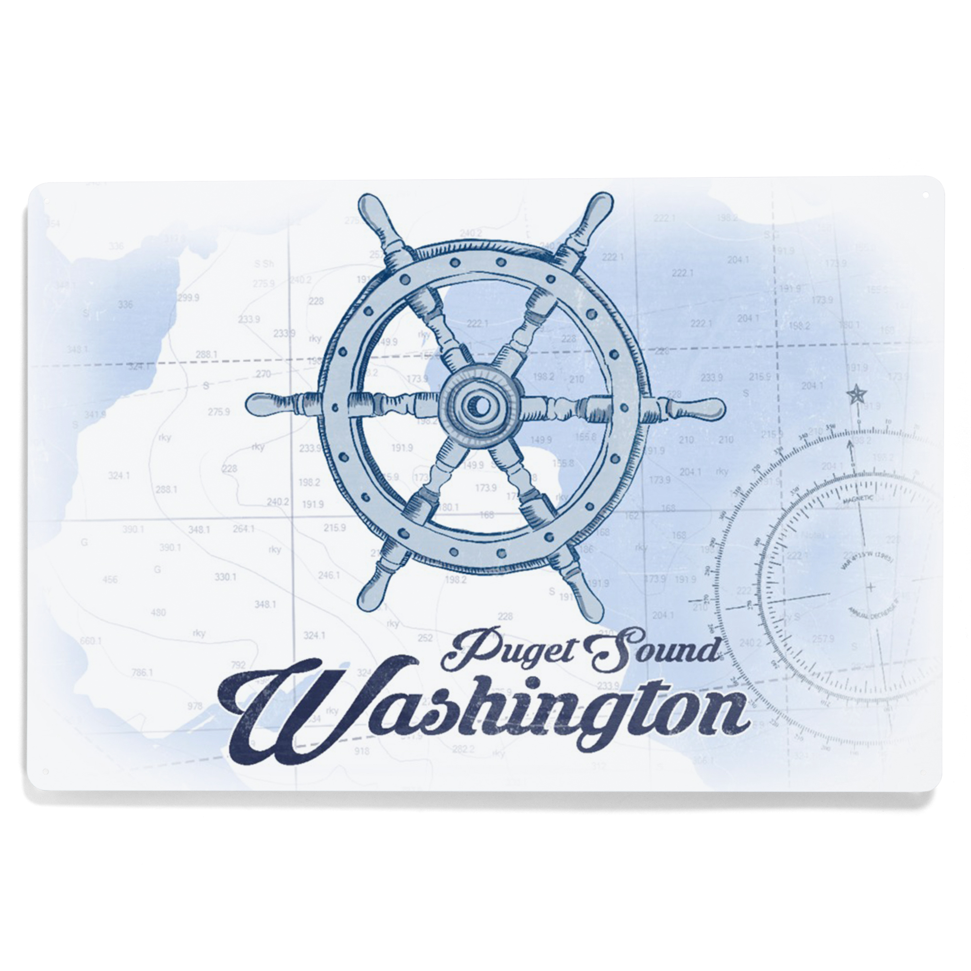 Puget Sound, Washington, Ship Wheel, Blue, Coastal Icon (12x18 Aluminum ...