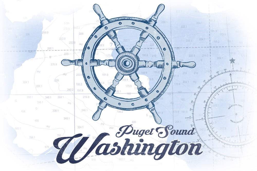 Puget Sound, Washington, Ship Wheel, Blue, Coastal Icon (16x24 Giclee ...