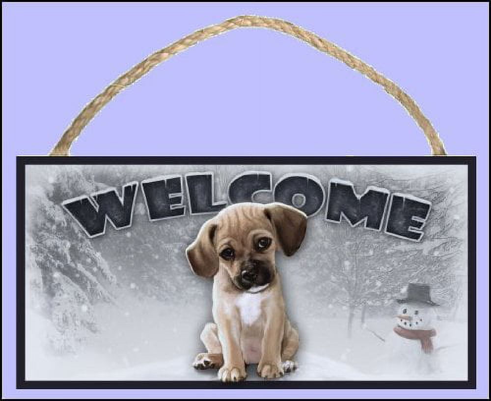 Puggle (sitting) 10" x 5" Winter Welcome Sign Featuring the Art of ...