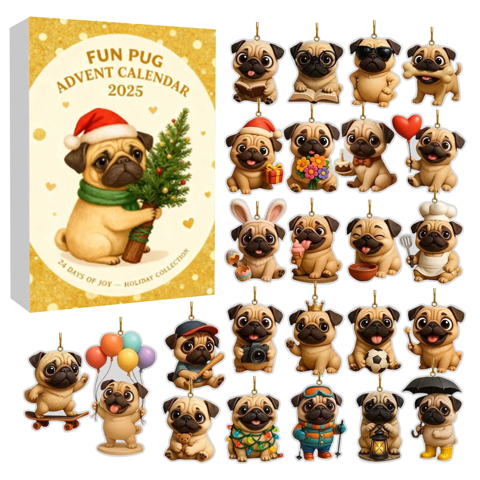 Pugs Advent Calendars 2025, Fun Pug Decor Hanging Ornaments, 2d Acrylic ...