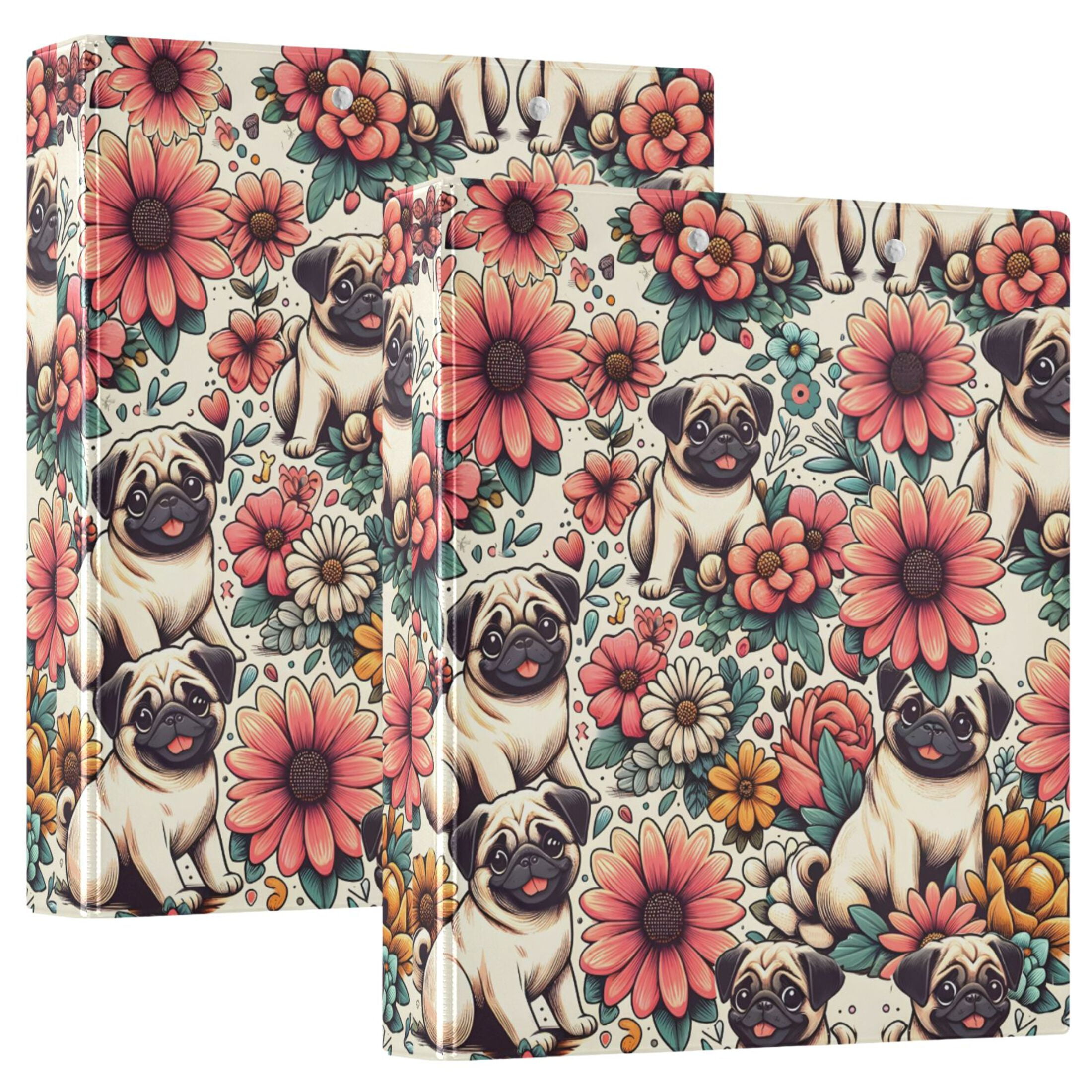 Pugs Dog and Flowers Hardcover 3 Ring Binder 1.5” Round Rings Binder ...