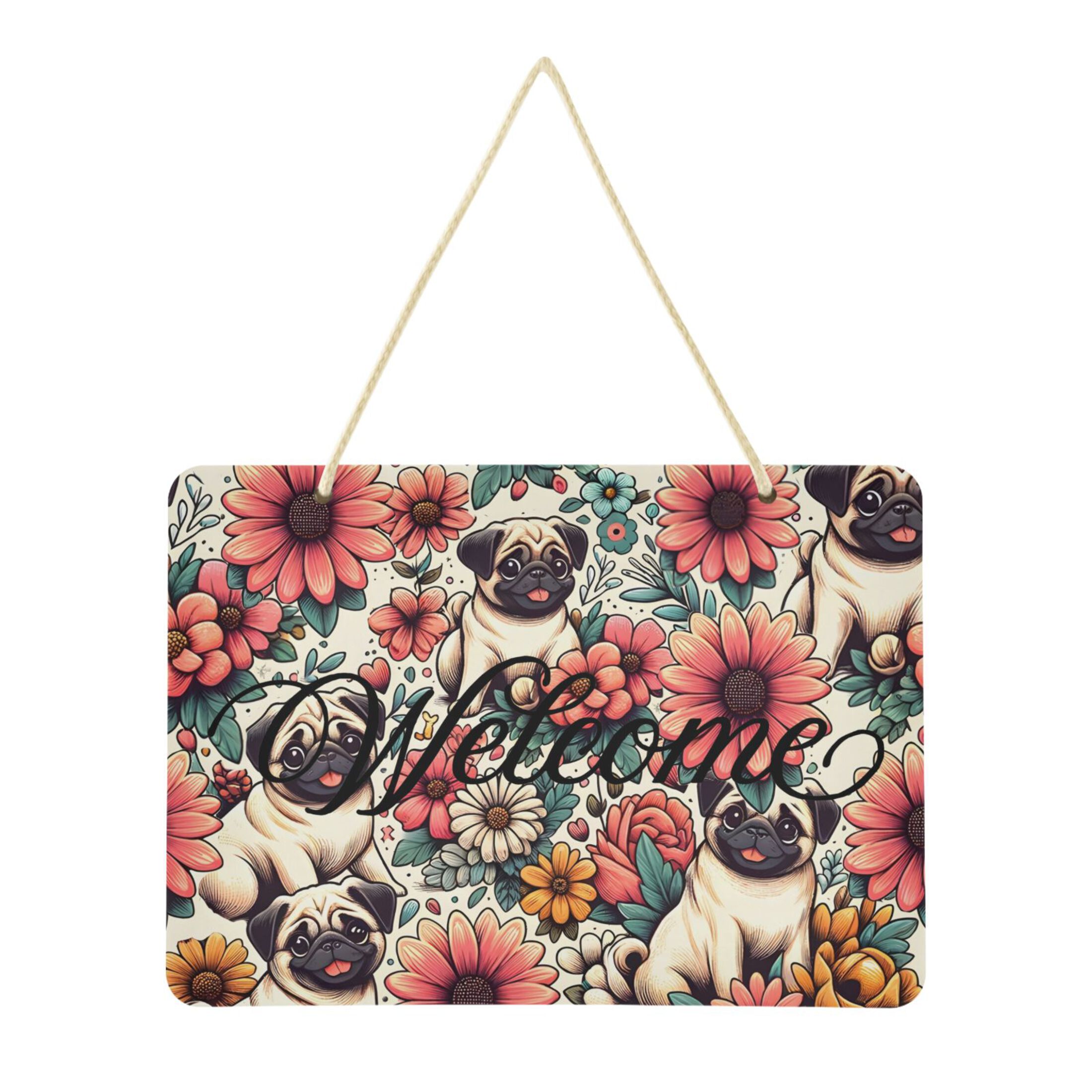 Pugs Dog and Flowers Welcome Sign Front Door PVC 14x10 inch Hanger ...