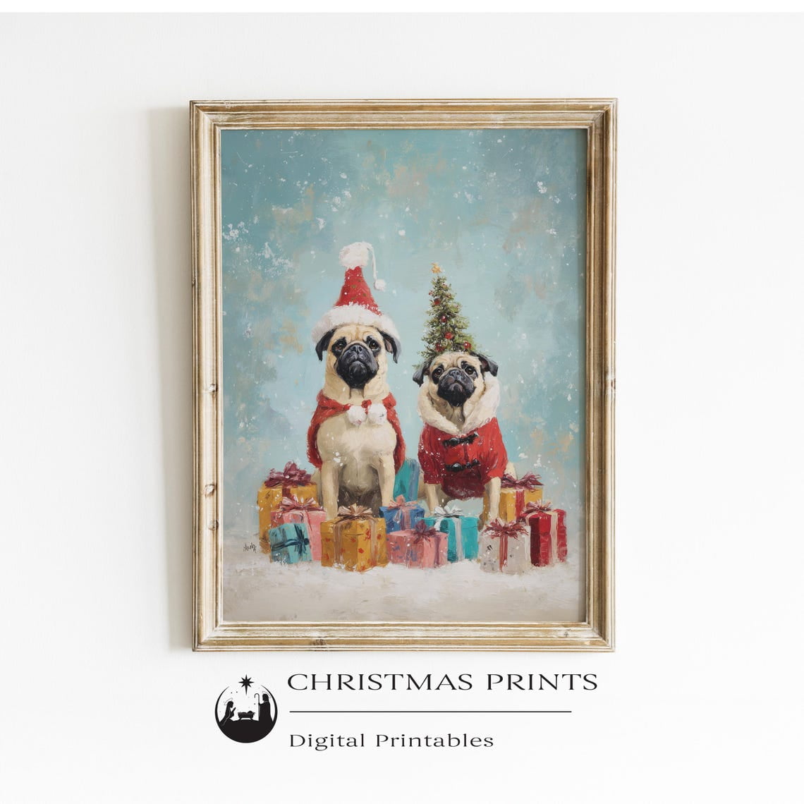 Pugs Poster Wall Art, Festive Dog With Presents Pet Lovers Decor ...