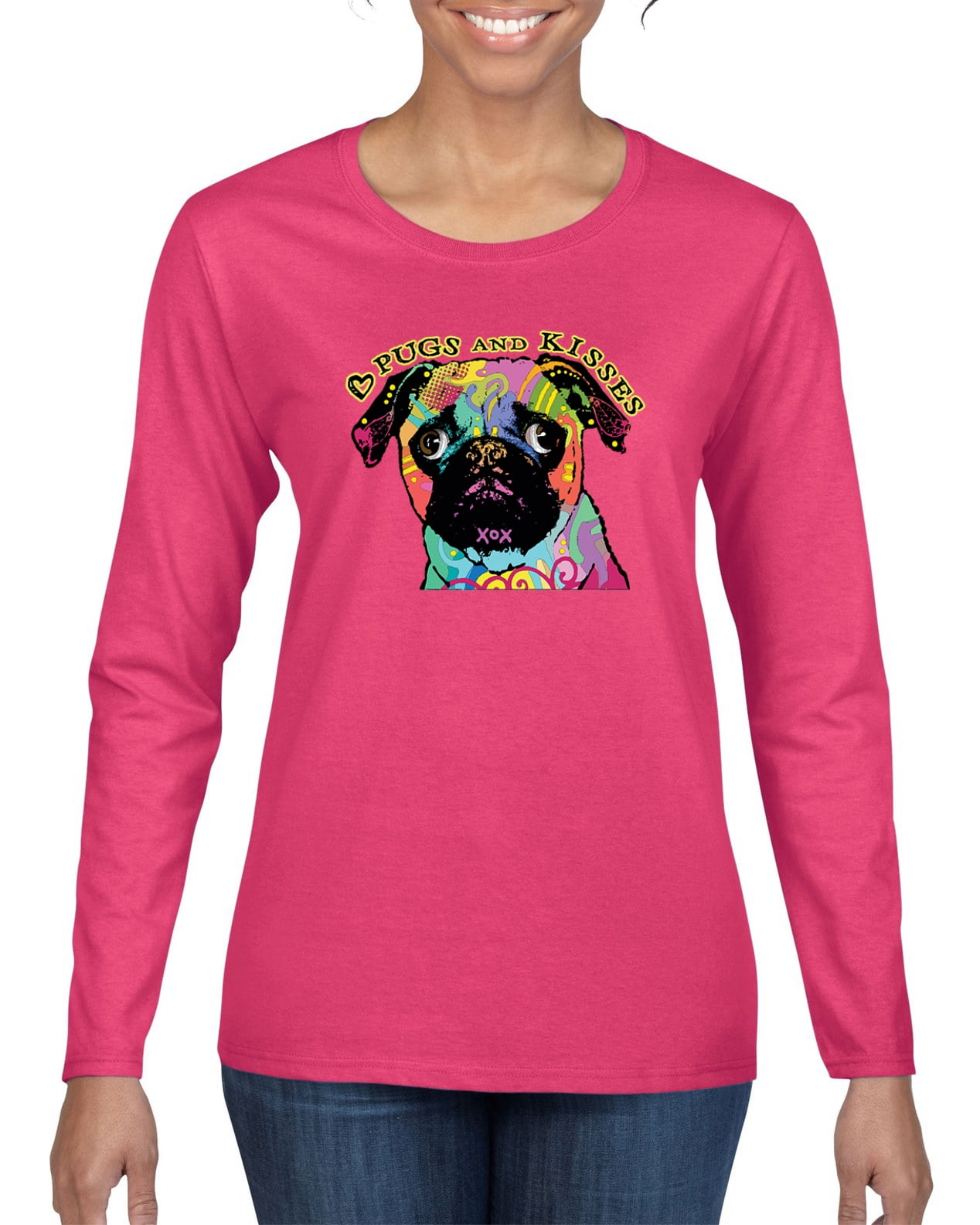 Pugs and Kisses Cute Dog Neon Rainbow Pug Dog Lover Womens Graphic Long ...