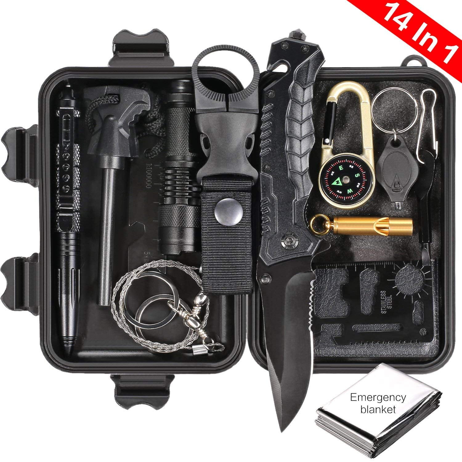 Puhibuox Survival Kit 14-in-1, Upgraded EDC Outdoor Emergency Survival ...