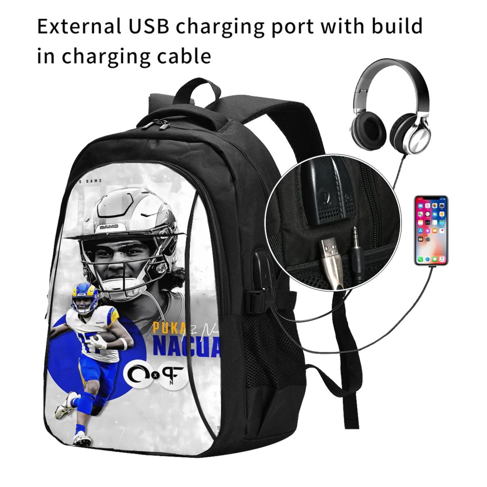 Puka Nacua Custom USB Travel Backpack, Football Team Pattern Fan ...