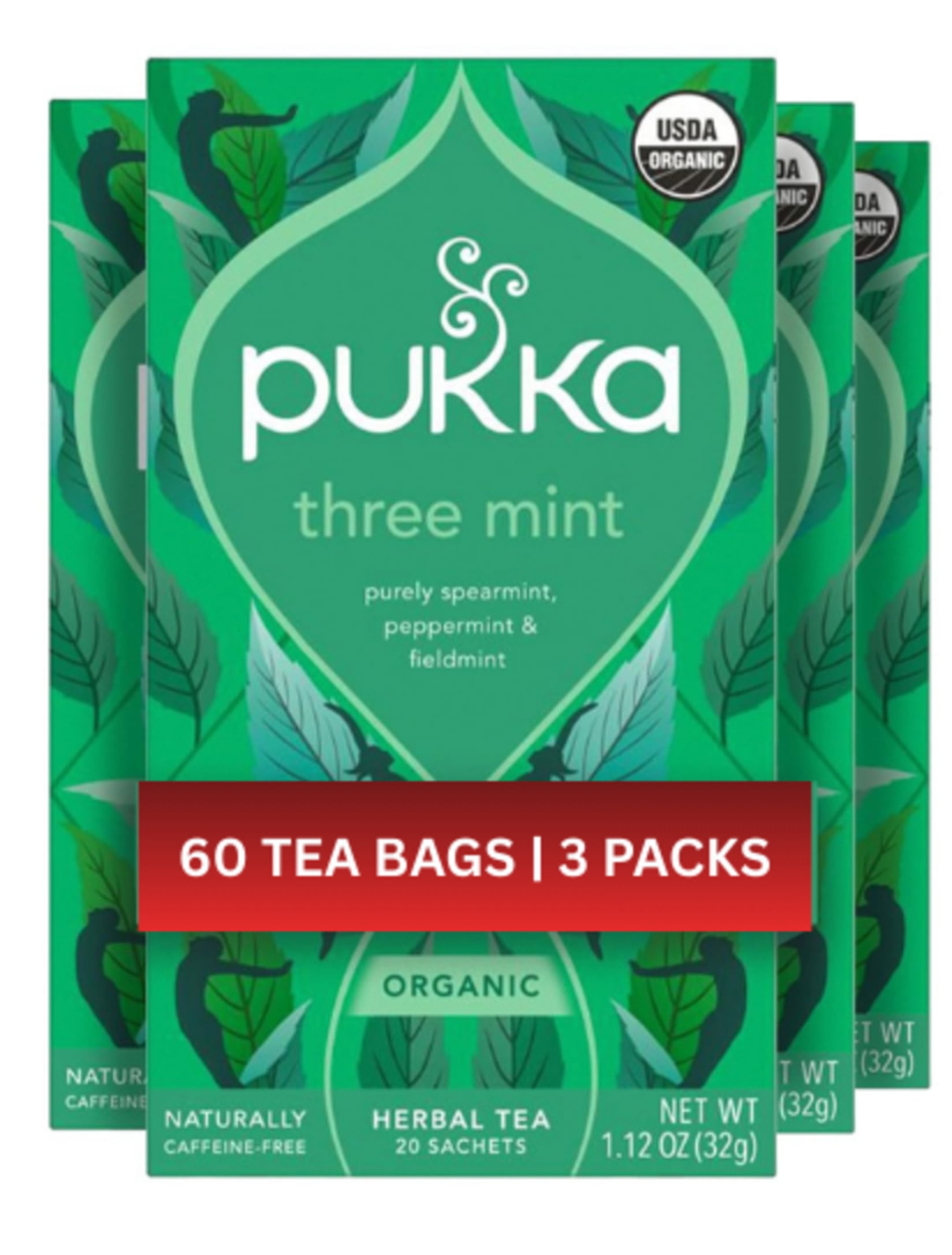 Pukka Herbal Organic Three Mint Tea Bags, 60 Count (20ct - Pack of 3 ...