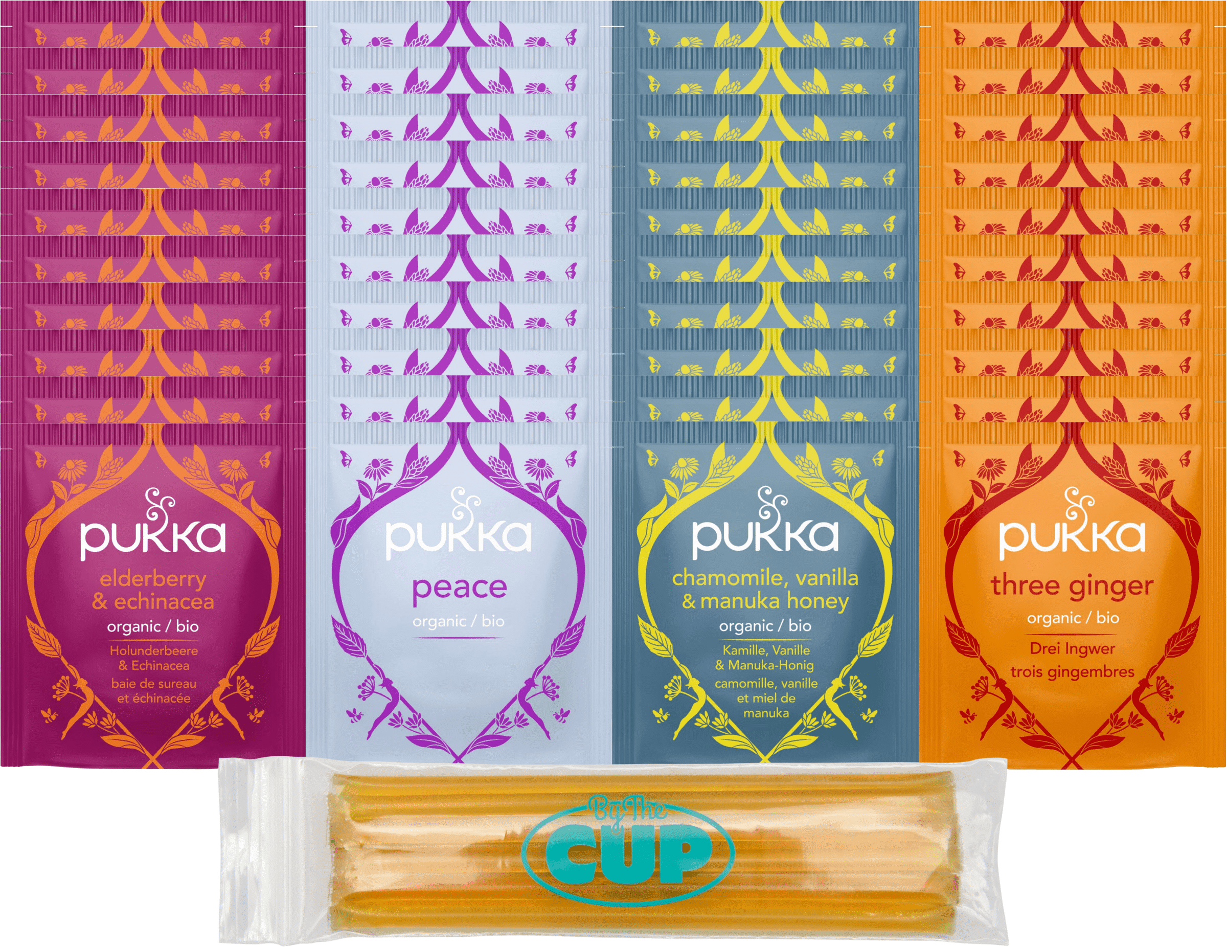 Pukka Herbal Tea Bag Variety, 4 Flavors, 10 of each (Pack of 40) with By The Cup Honey Sticks ...