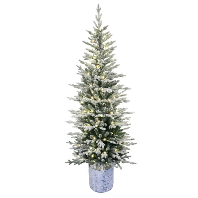 Puleo International 7.5' Pre-Lit Potted Flocked Arctic Fir Pencil Artificial Christmas Tree with ...