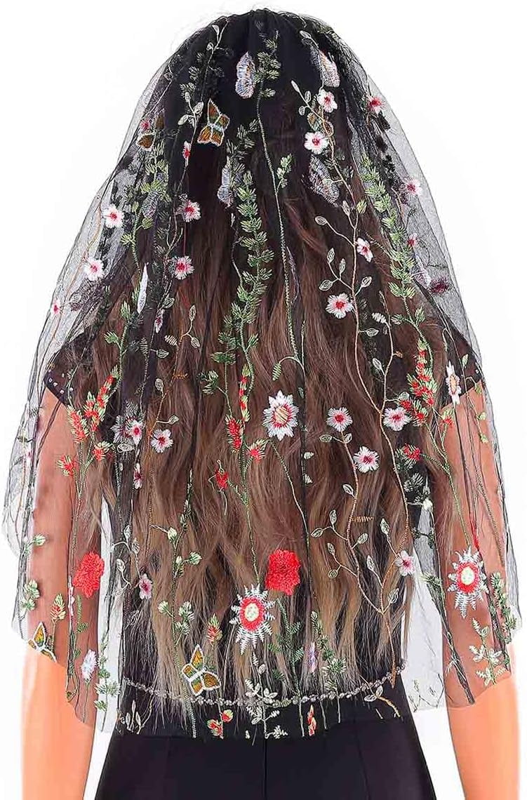 PuliPuqi Acenail Black Wedding Veil Long Funeral Veils 2 Tier Lace ...