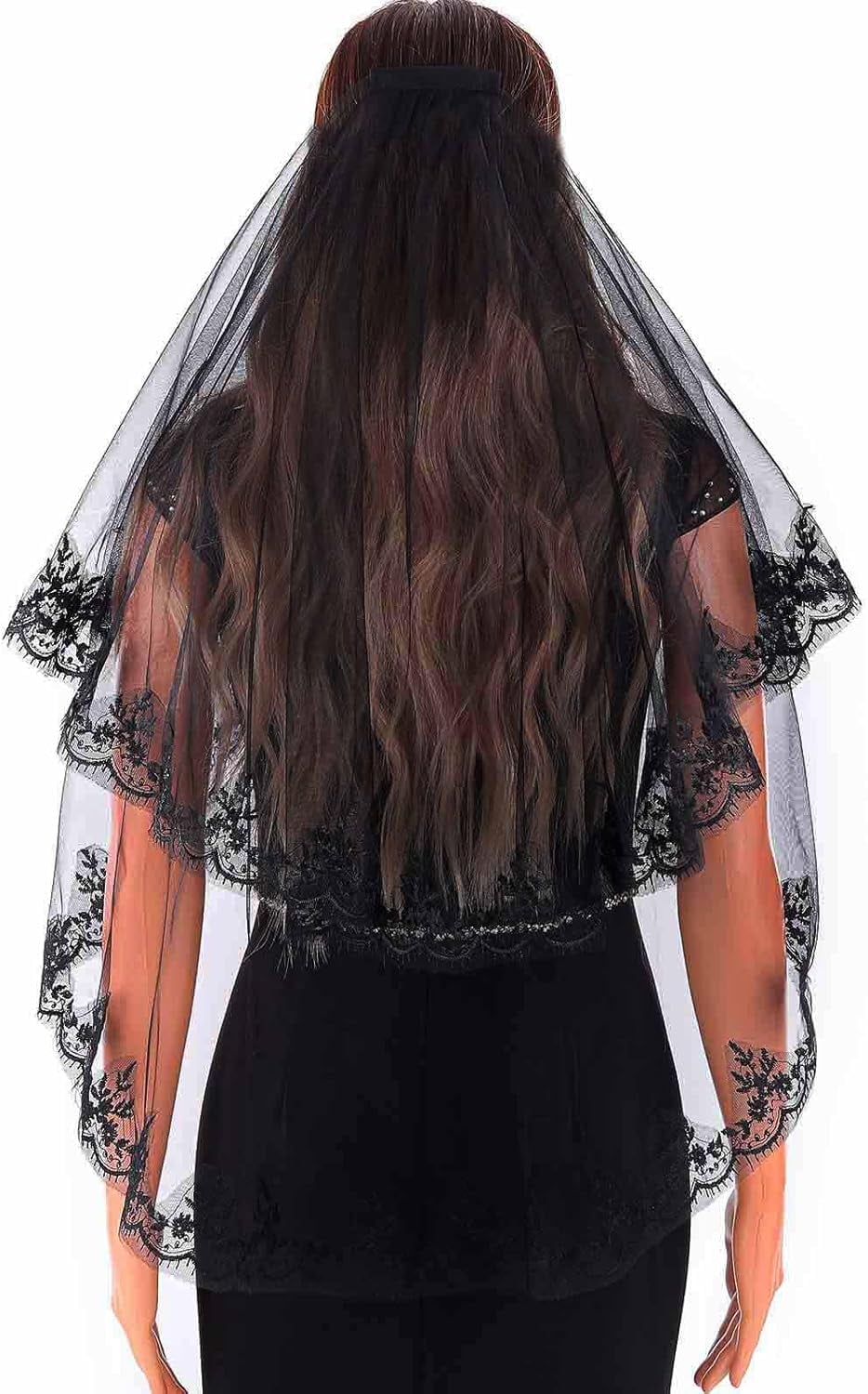 PuliPuqi Acenail Black Wedding Veil Long Funeral Veils 2 Tier Lace ...