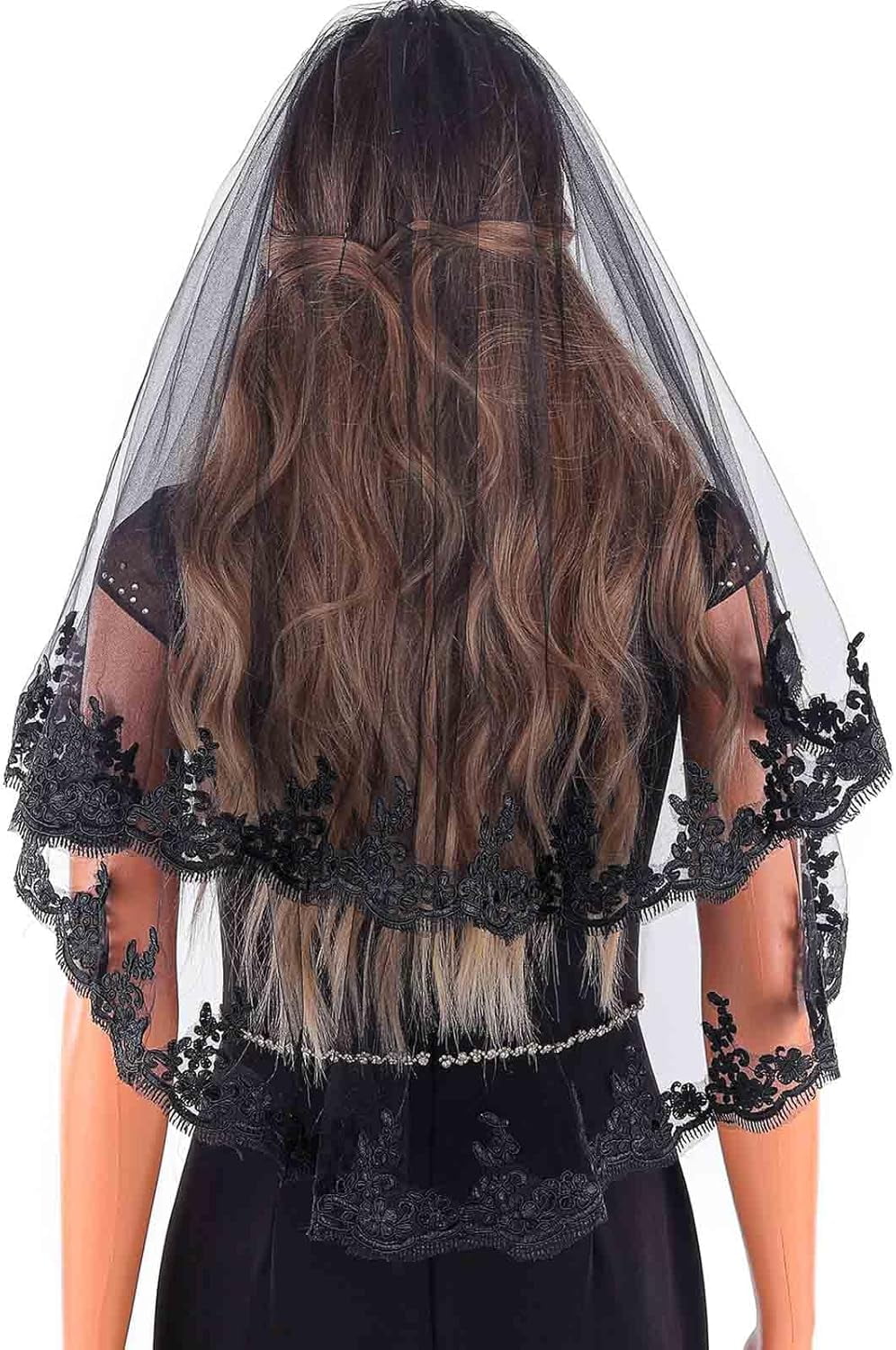 PuliPuqi Acenail Black Wedding Veil Long Funeral Veils 2 Tier Lace ...