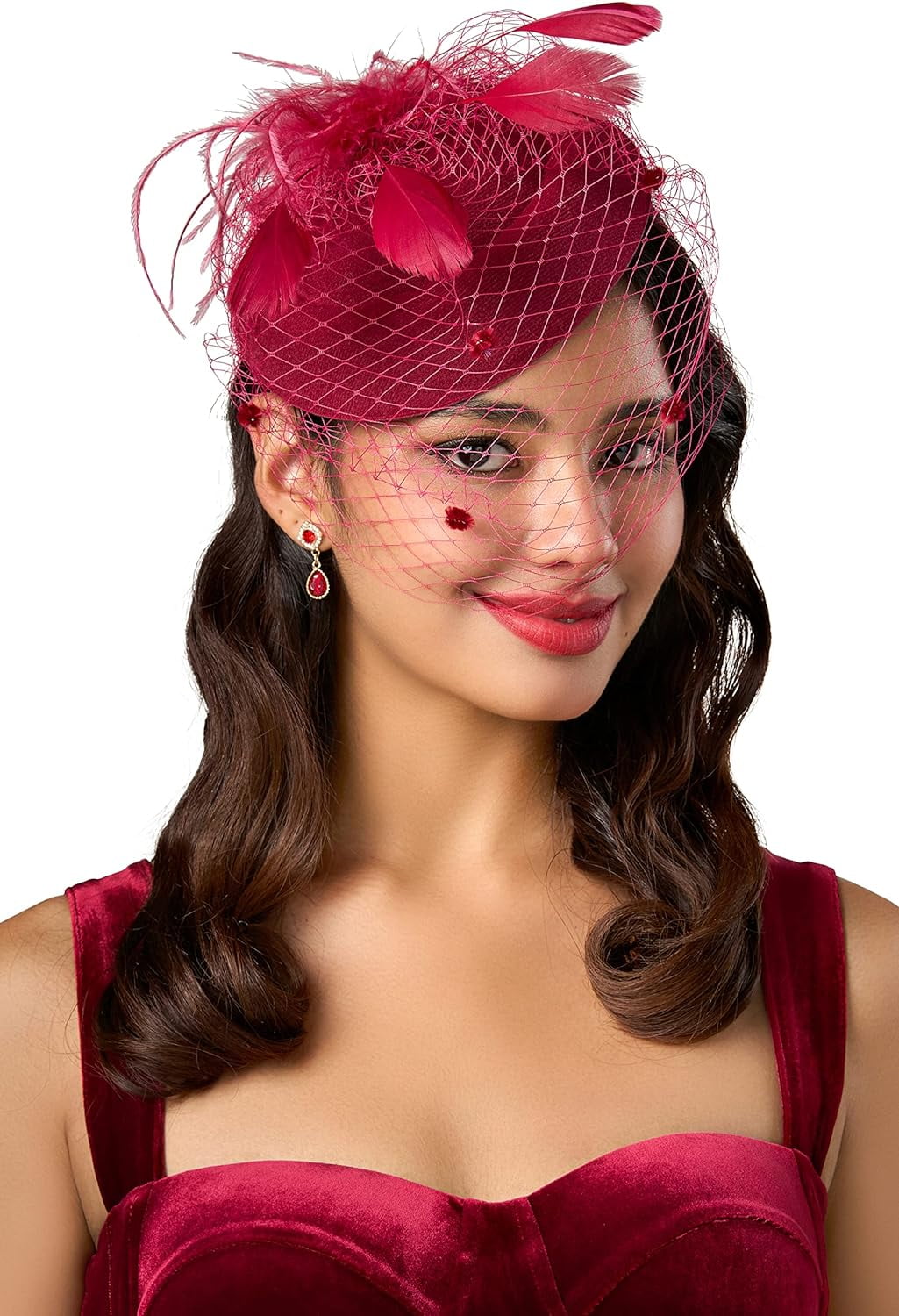 PuliPuqi Fascinator Hat Veil Feather Hair Clip Tea Party Pillbox Derby ...
