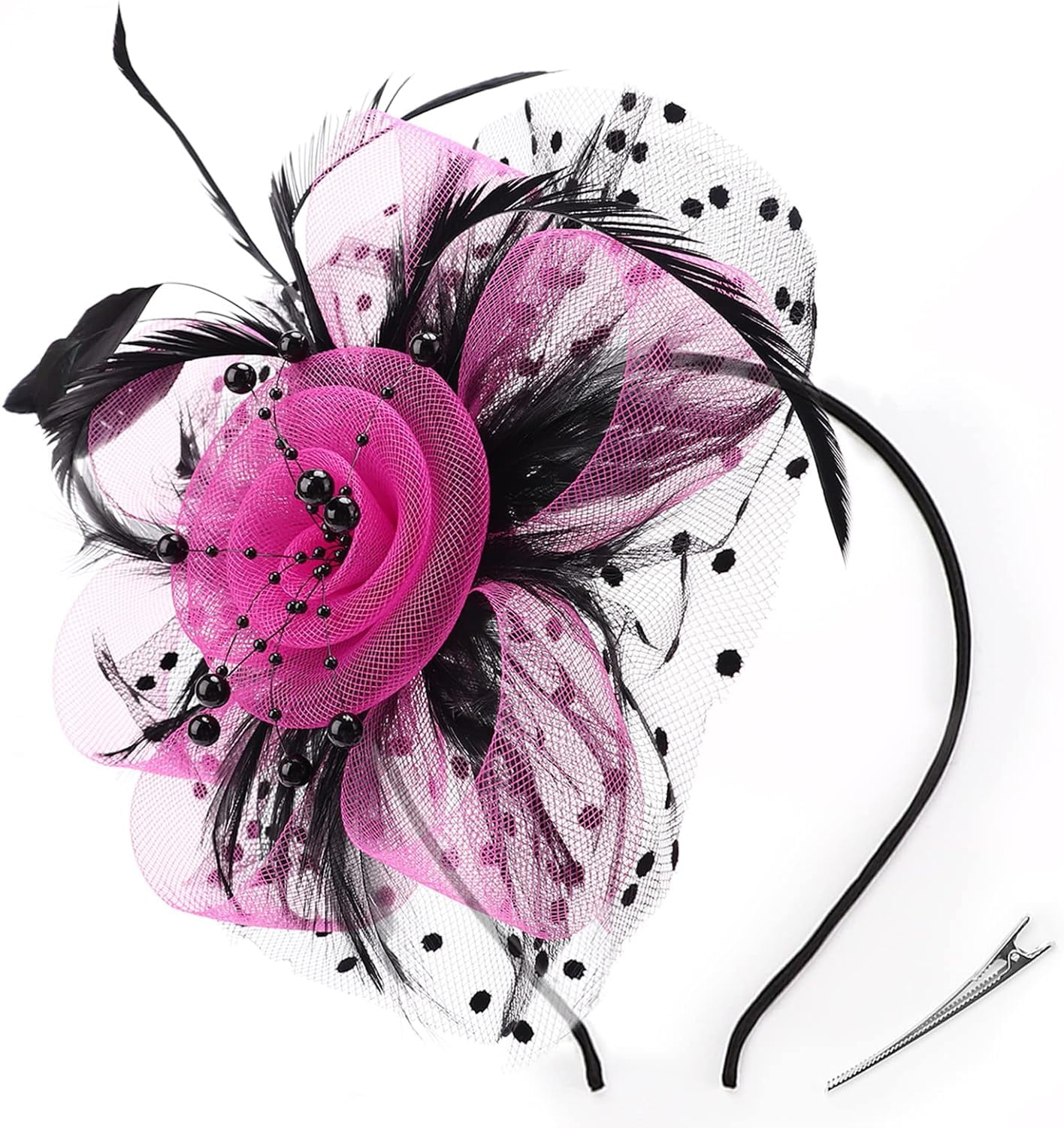 PuliPuqi Hat Flower Mesh Ribbons Feathers on a Headband and a Clip Tea ...