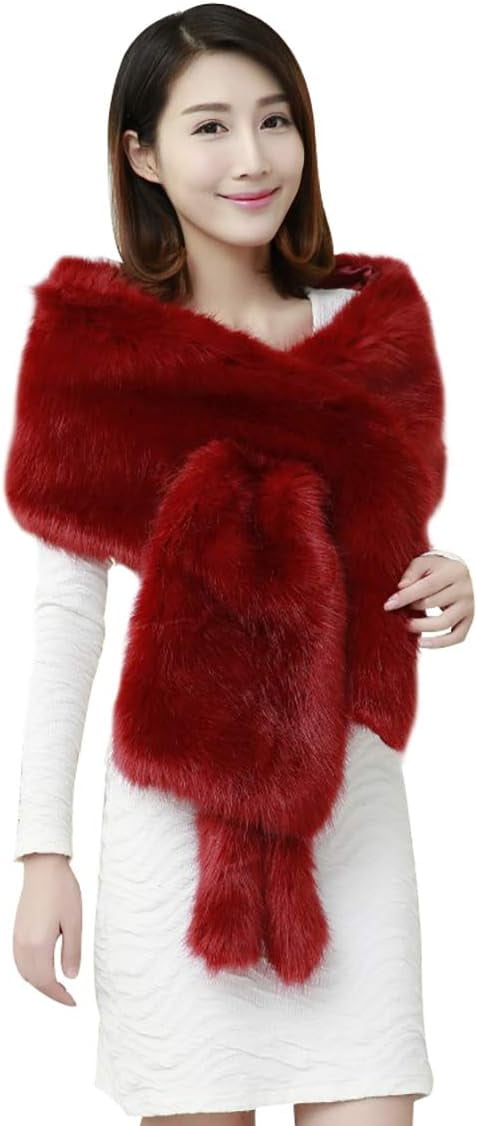 PuliPuqi Women Faux Fox Fur Shawl Thick Shoulder Cover Up Warm Stole ...