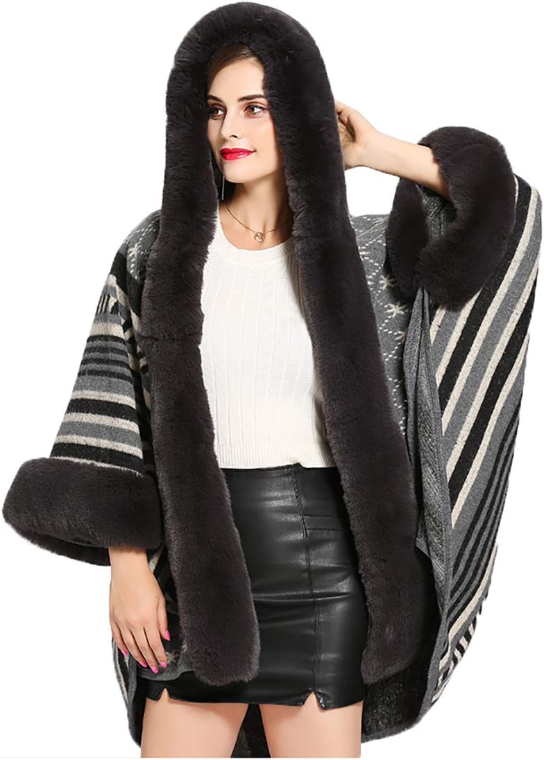 PuliPuqi Women Fur Collar Knit Poncho Moroccan Pattern Cozy Hooded Cape ...