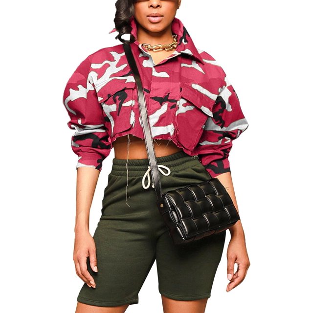 PuliPuqi Women's Camouflage Jacket Button Down Lapel Collar Cropped ...