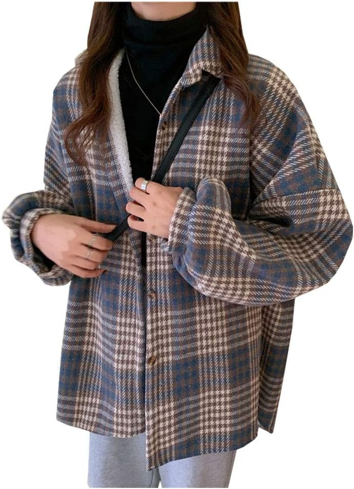 PuliPuqi Women's Warm Sherpa Lined Fleece Button Down Oversized Plaid ...