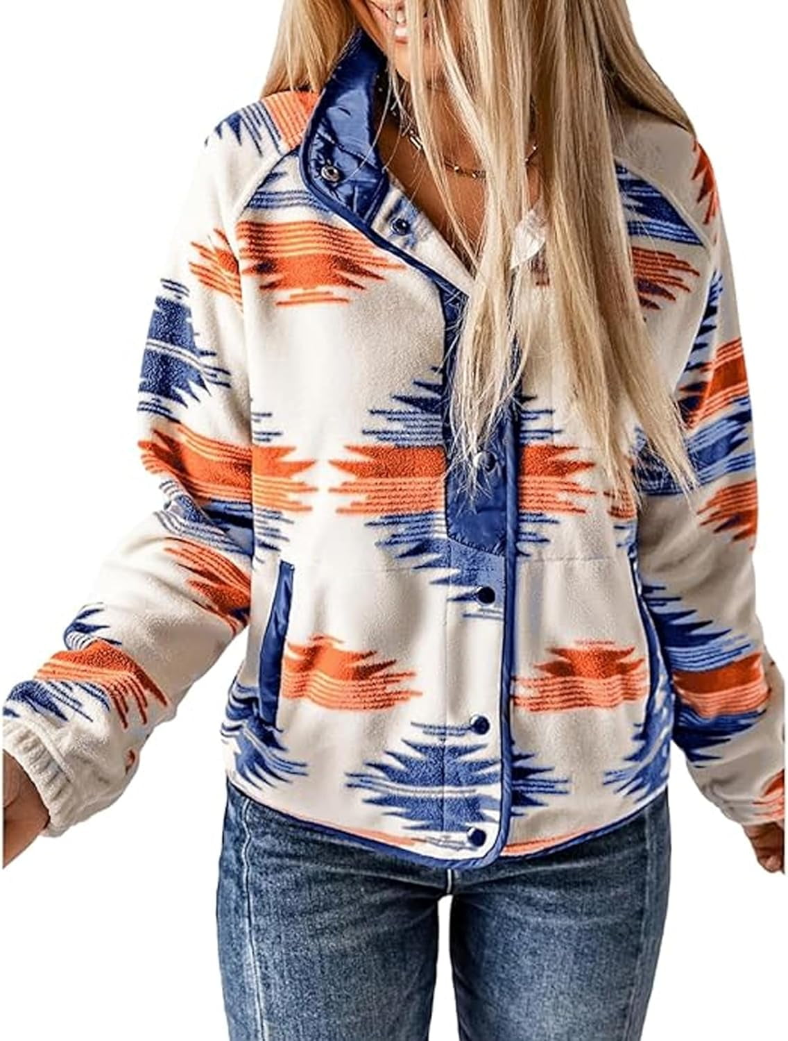 PuliPuqi Women's Western Aztec Print Jacket Casual Fleece Long Sleeve Shacket Snap Button Shirt ...