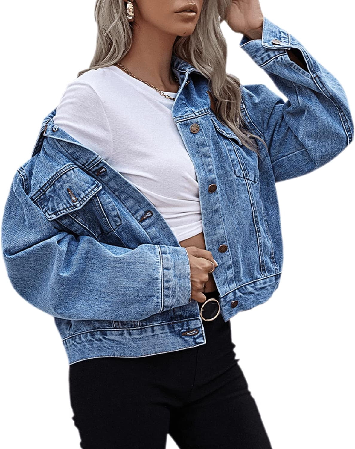 PuliPuqi Womens Loose Long Sleeve Drape Shoulder Washed Crop Denim ...