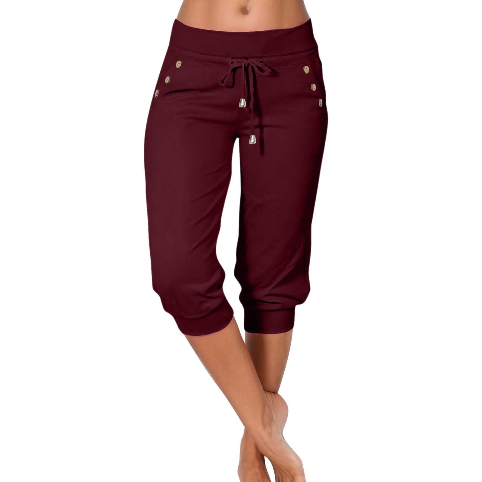 Puliio Womens Capri Pants Casual High Waisted Drawstring Cropped Pants ...