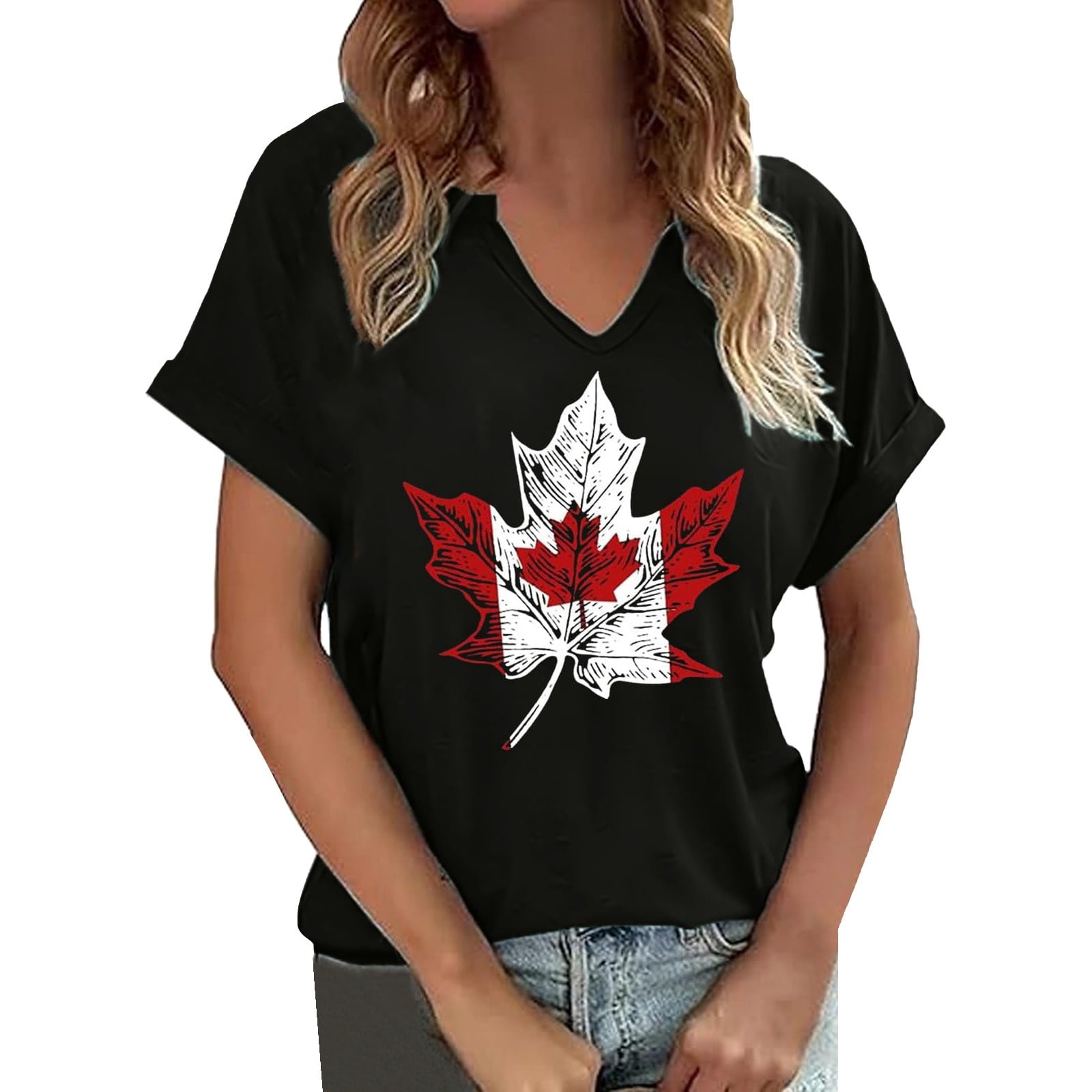 Puliio Womens Shirts Maple Leaf Printing V-Neck Short Sleeve Trendy Top ...