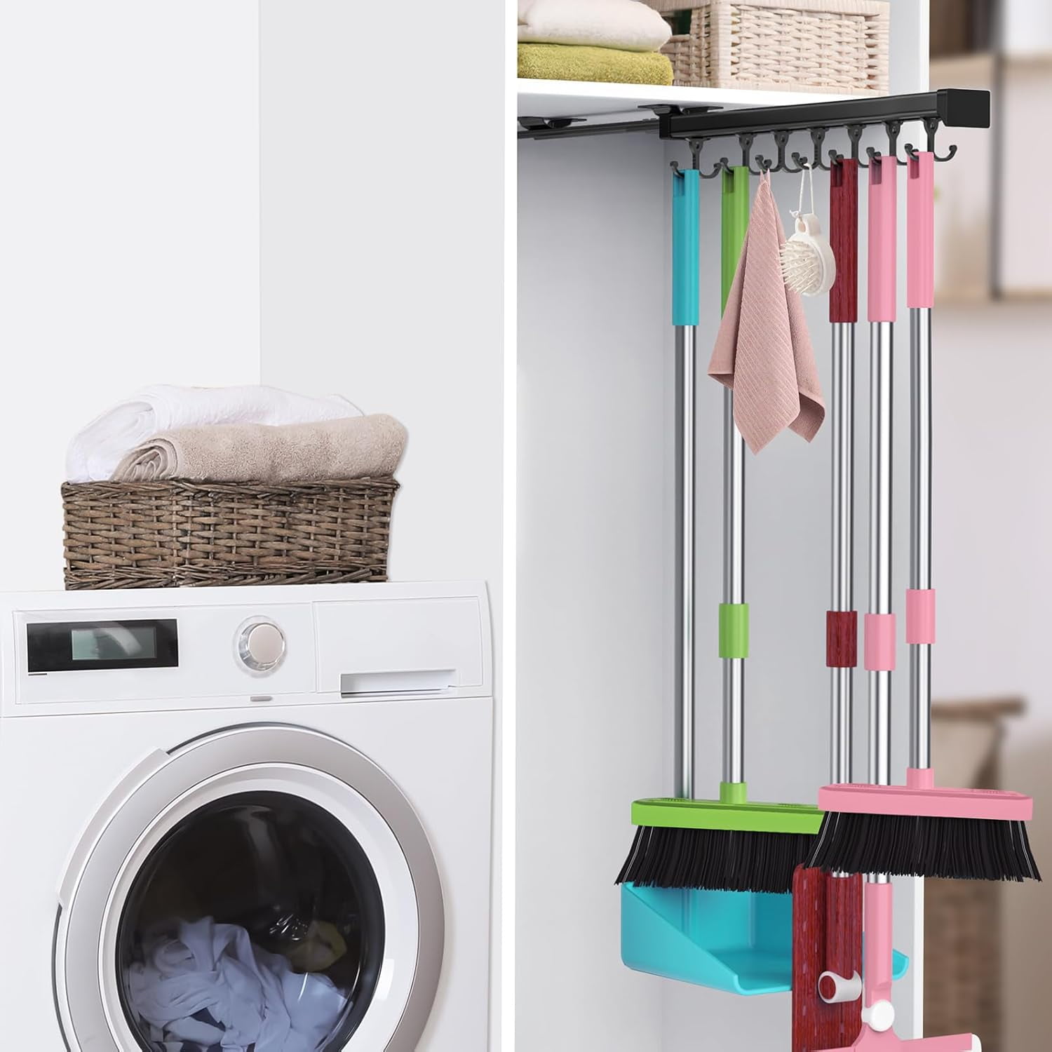Pull Out Broom Holder With Adjustable Double Row Sliding Hook ...