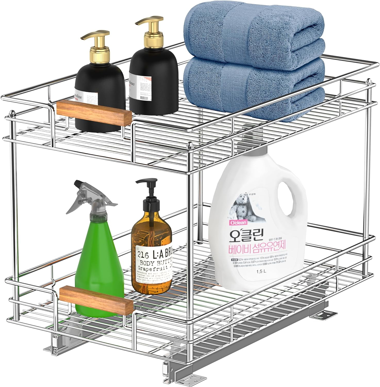 Pull Out Cabinet Organizer(14" W x 21" D), 2 Tier Slide Out Shelves ...