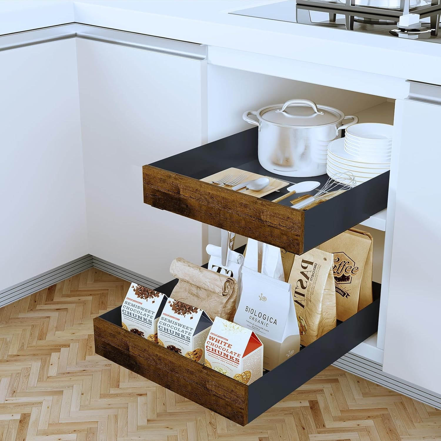 Pull Out Cabinet Organizer 16.5" Deep Adhesive Slide Out Cabinet Drawer ...