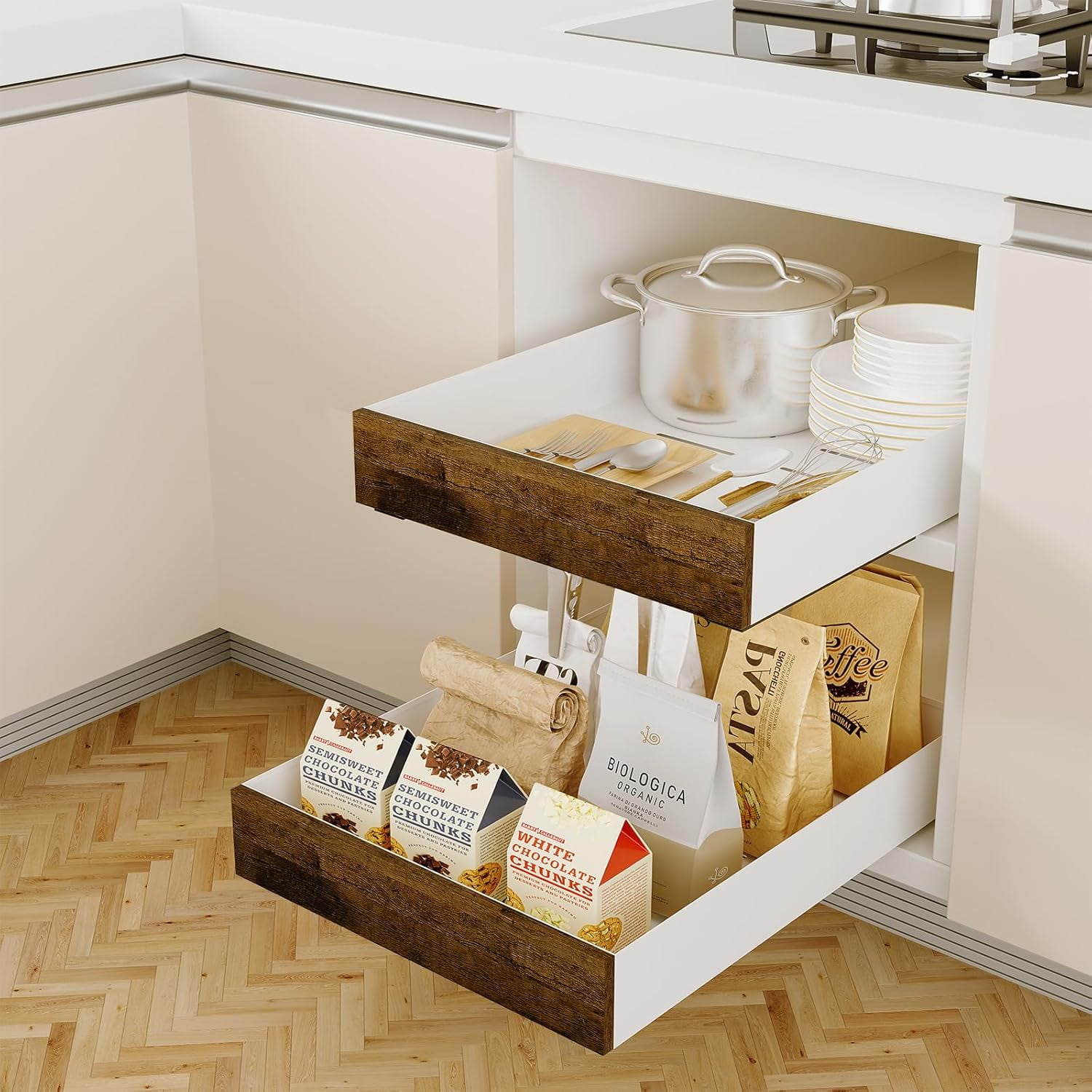 Pull Out Cabinet Organizer 16.5" Deep Adhesive Slide Out Cabinet Drawer ...