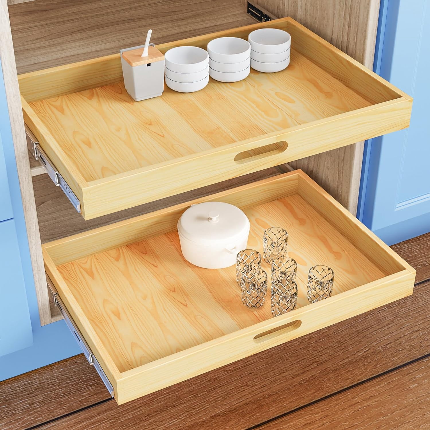 Pull Out Cabinet Organizer, 1PC 12” W x 21” D Soft Close Slide Out Wood ...