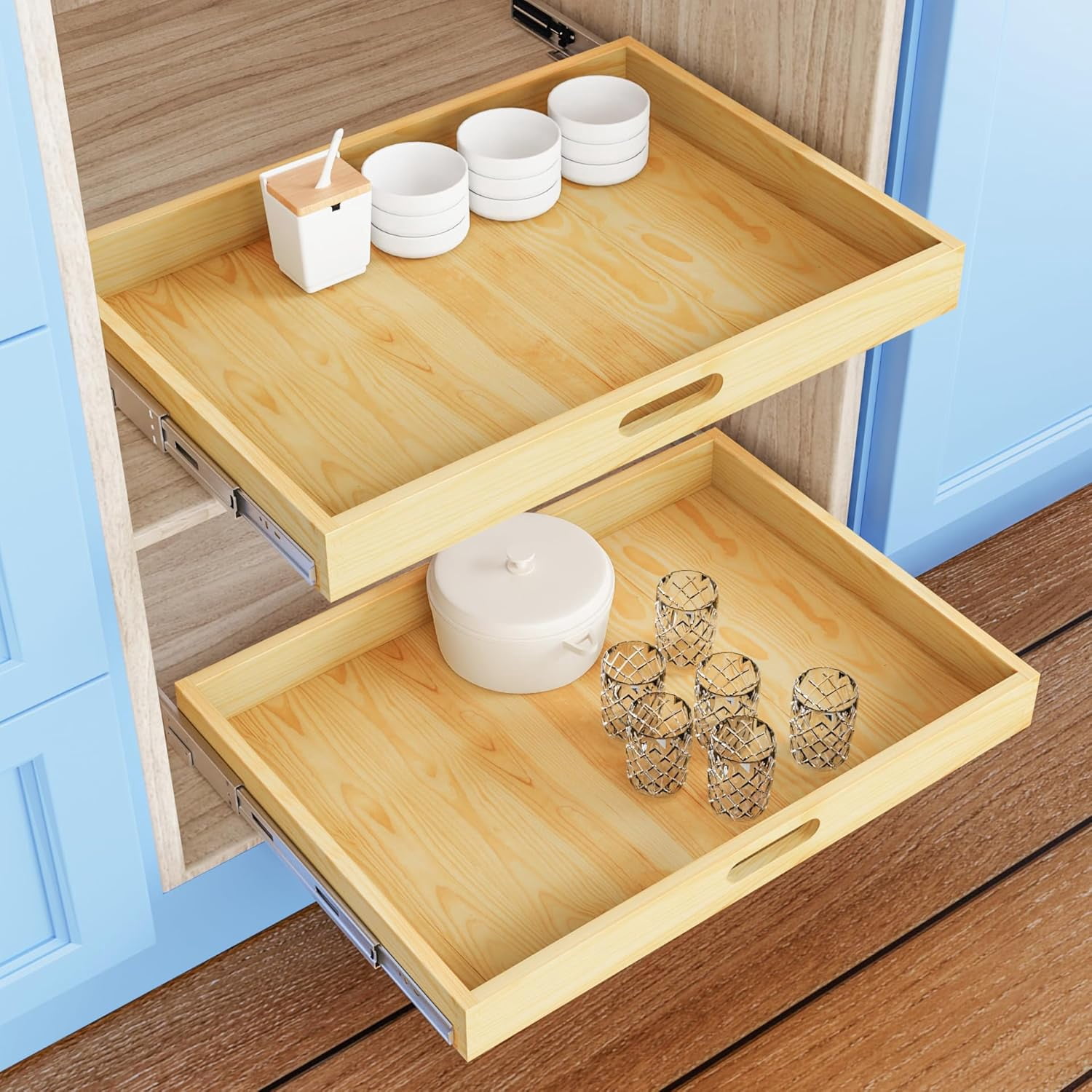 Pull Out Cabinet Organizer, 1PC 21” W x 21” D Soft Close Slide Out Wood ...