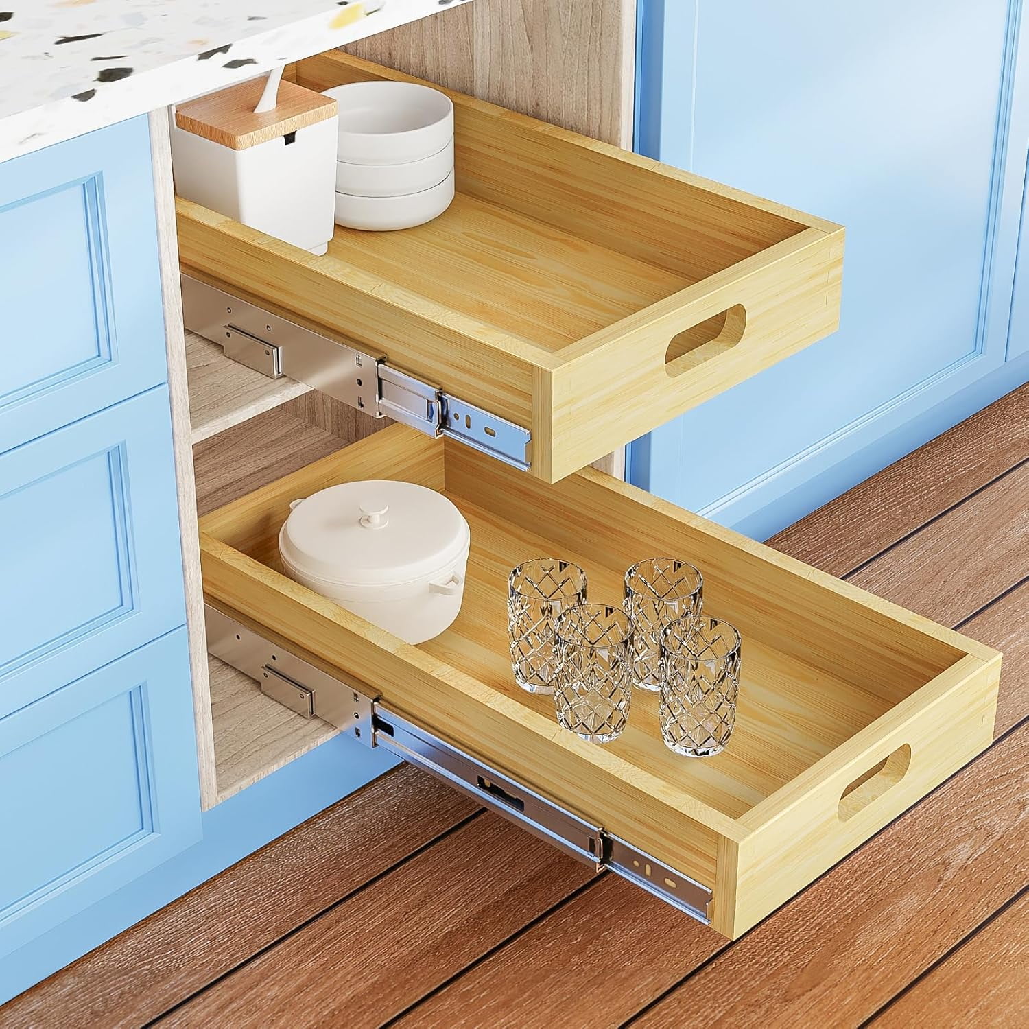 Pull Out Cabinet Organizer, 1PC 24” W x 21” D Soft Close Slide Out Wood ...