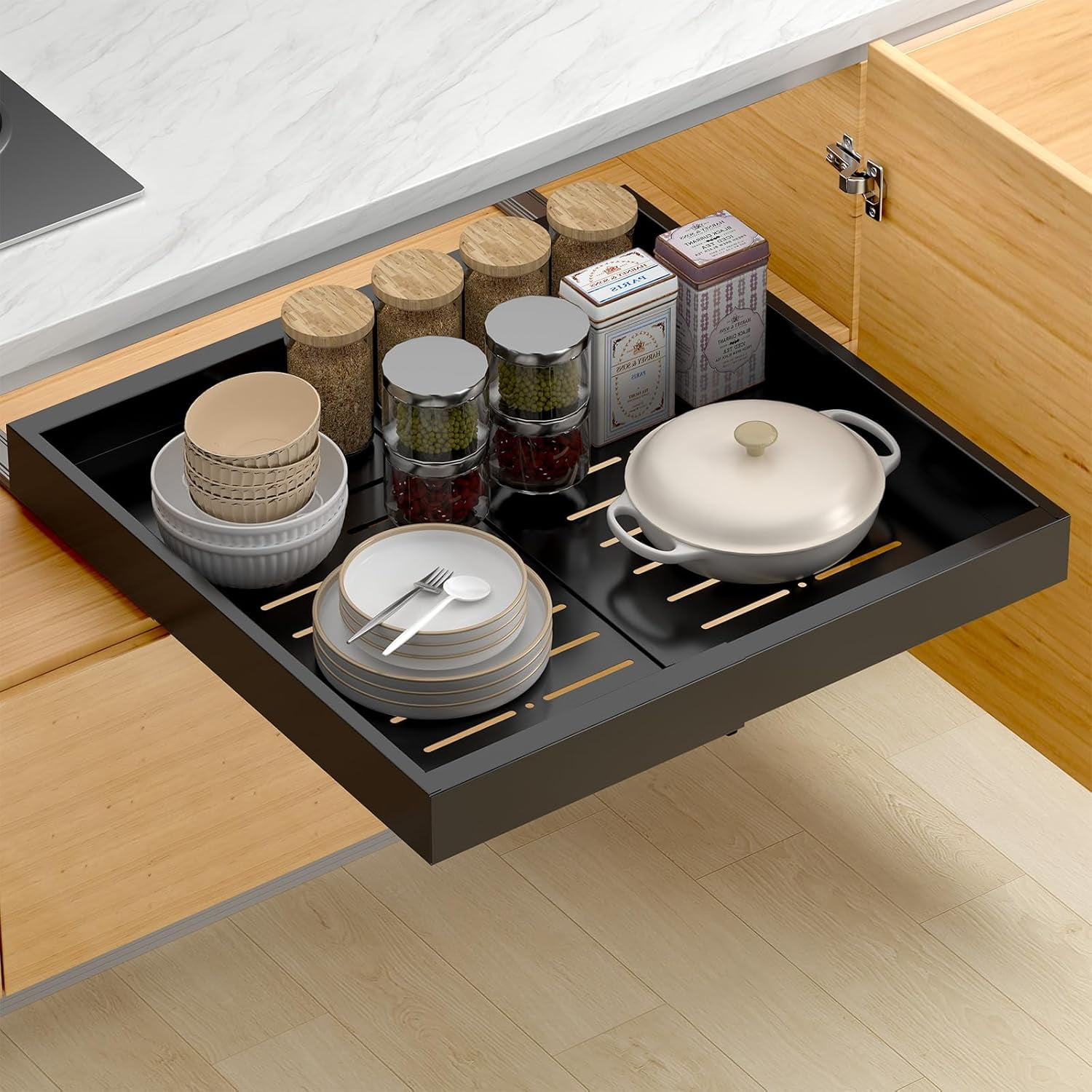 Pull Out Cabinet Organizer , 21" Deep Heavy-Duty Slide Rail Slide Out ...