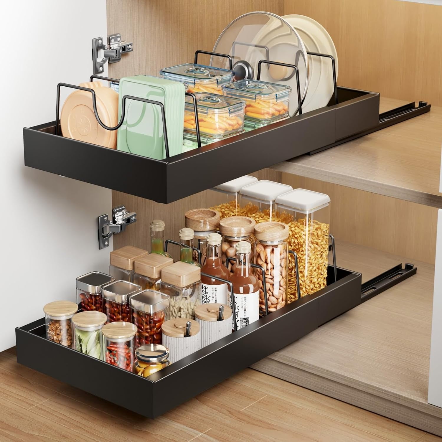 Pull Out Cabinet Organizer with 4 Dividers, 21.8" Deep Slide Out Drawer ...