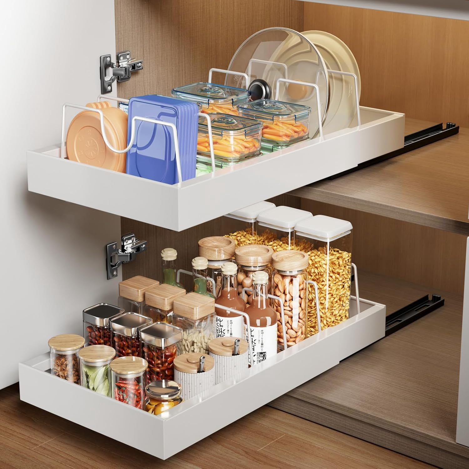 Pull Out Cabinet Organizer with 4 Dividers, 21.8" Deep Slide Out Drawer ...