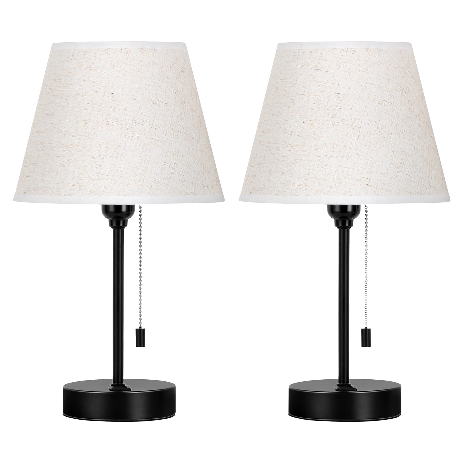Pull Chain Table Lamp for Bedroom Set of 2 with USB &Fabric Shade ...