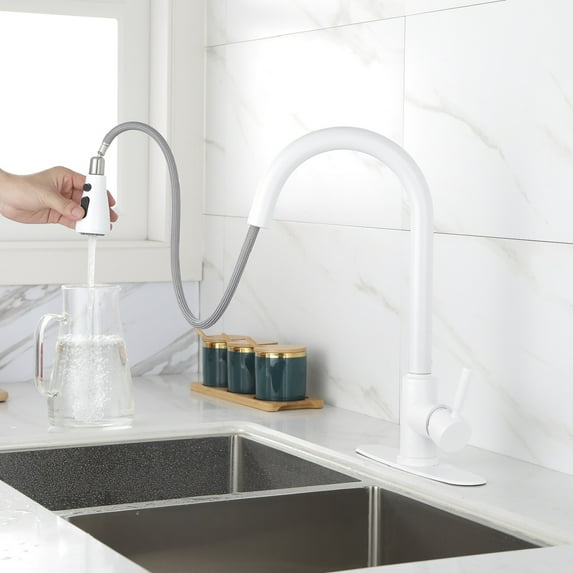 Pull-Down Kitchen Faucet with 3-Spray Function, Single Handle White ...