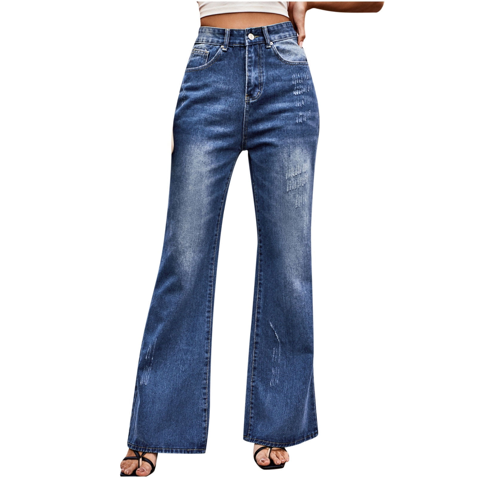 Pull On Womens Jeans Baggy Stretchy High Waisted Denim Wide Leg Trouser ...