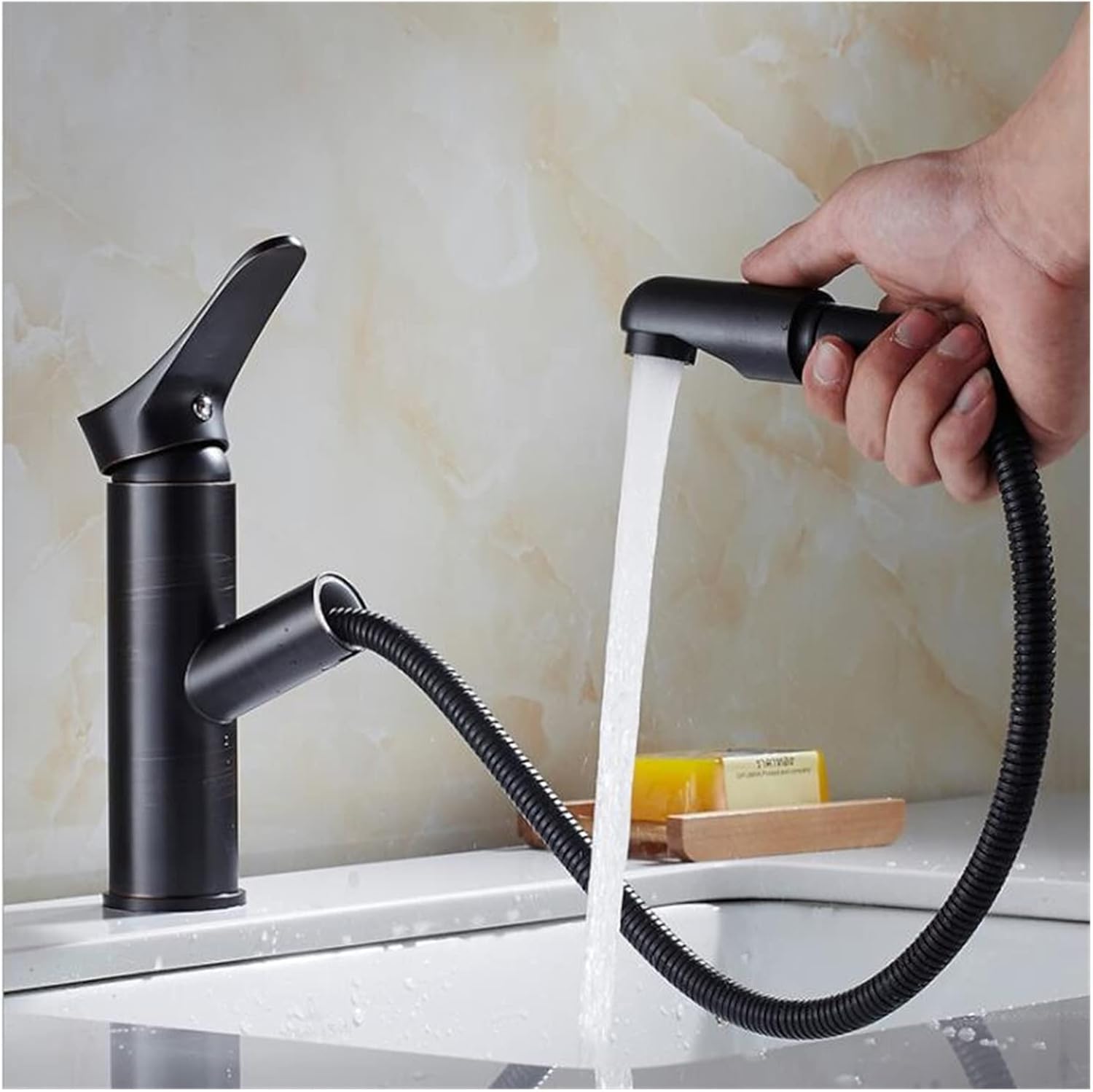 Pull Out Basin Faucet Black Brass Gold Bathroom Sink Faucet Single ...
