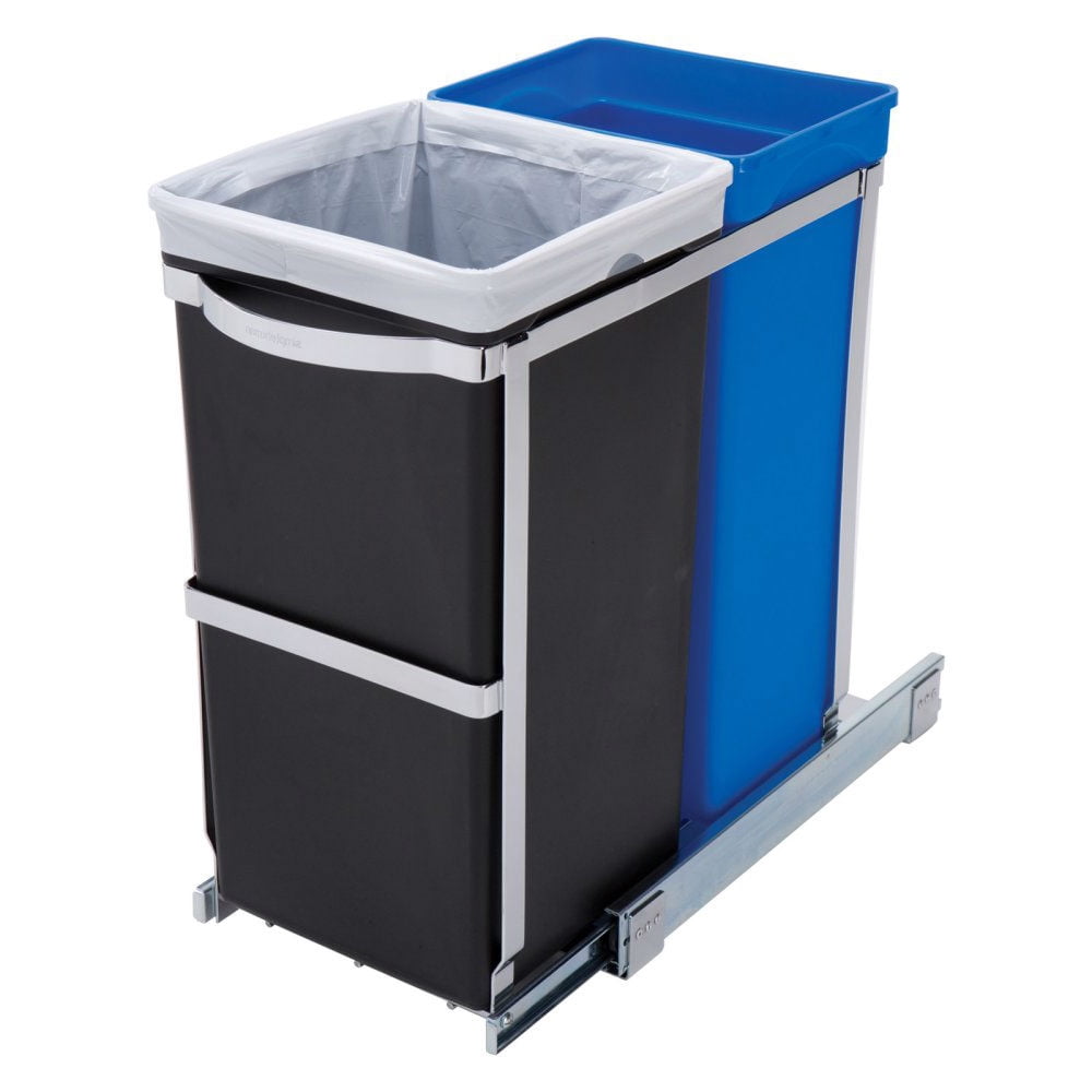 Pull Out Blue Recycle Bin Black Trash Can Slides Under Kitchen Counter ...