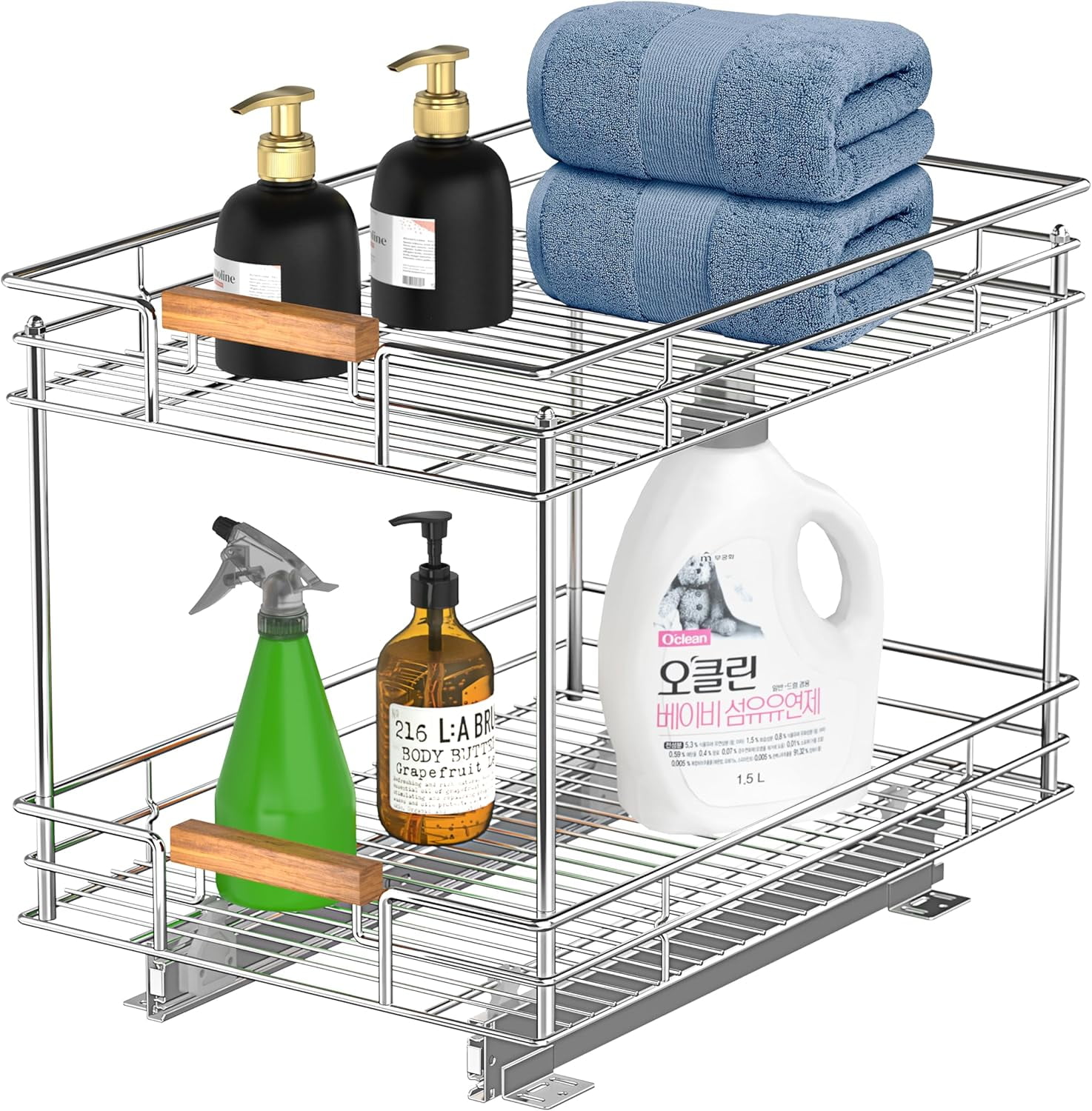Pull Out Cabinet Organizer (14" W X 21" D), 2 Tier Slide Out Shelves ...