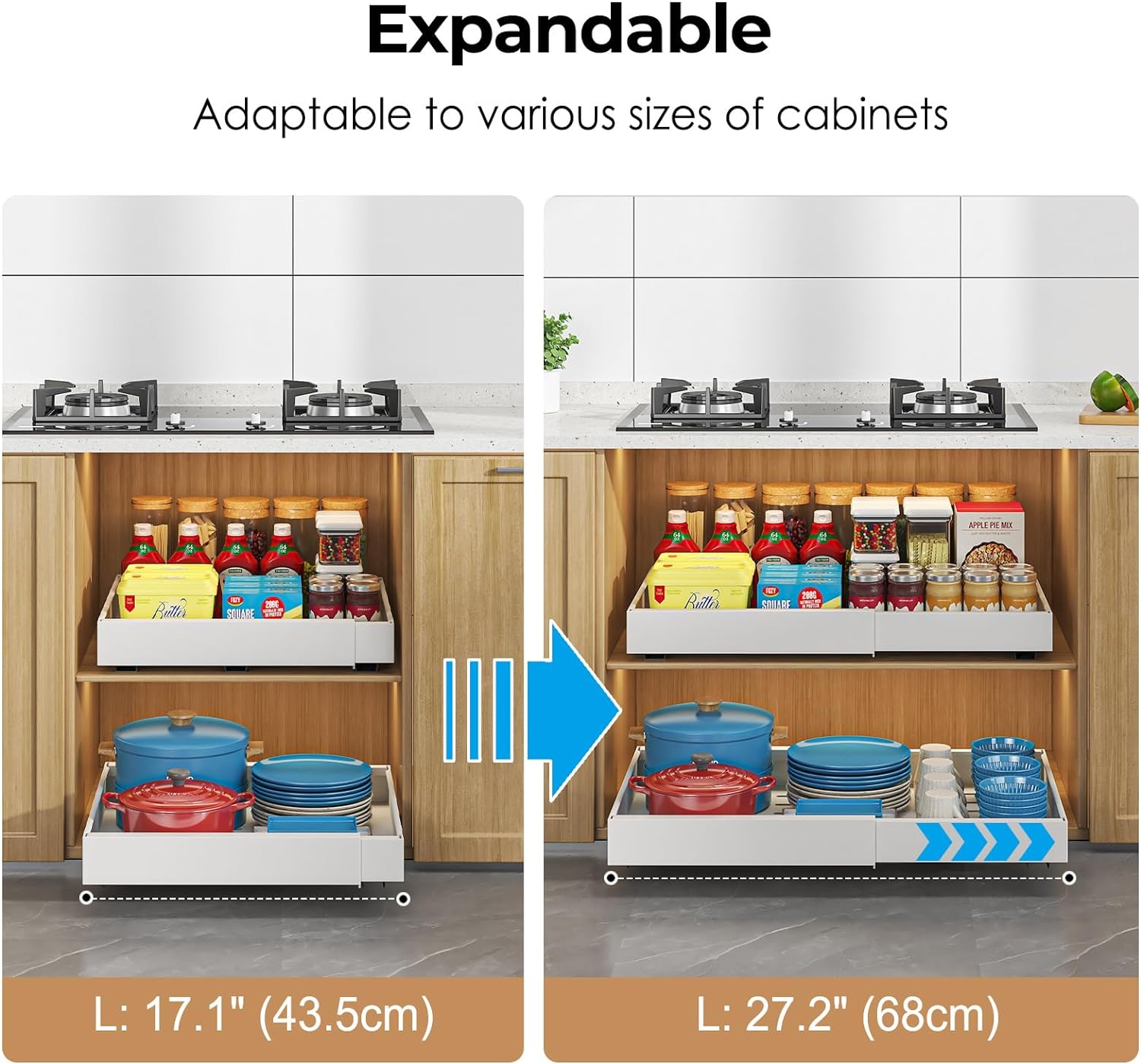 Pull Out Cabinet Organizer Expandable Drawer Storage Heavy Duty Slide ...