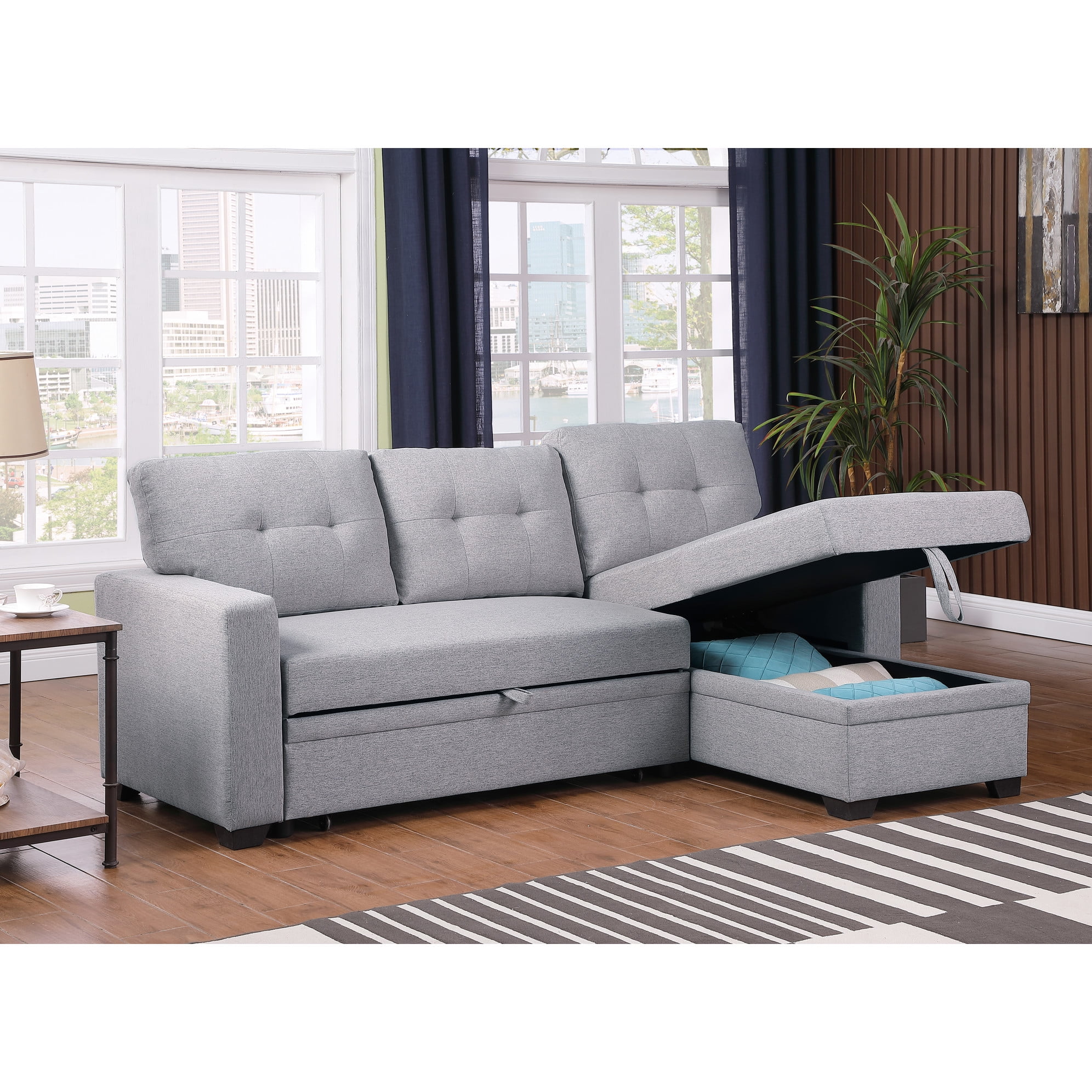 Pull Out Chaise Sectional With Storage In Gray Linen, 3 Foam Filled For ...