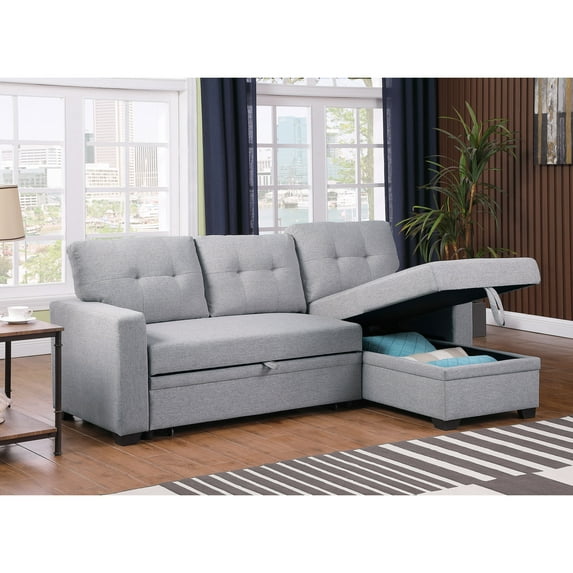 Pull Out Chaise Sectional With Storage In Gray Linen, 3 Foam Filled For ...