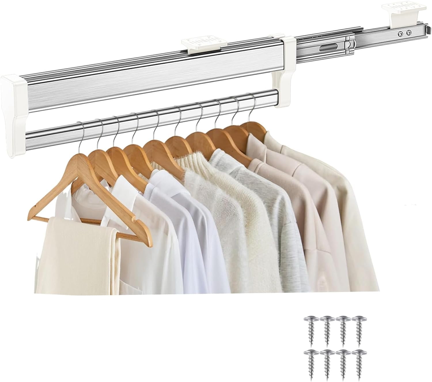 Pull Out Clothes Hanger Rod Adjustable Wardrobe Clothing Rail Hanger ...