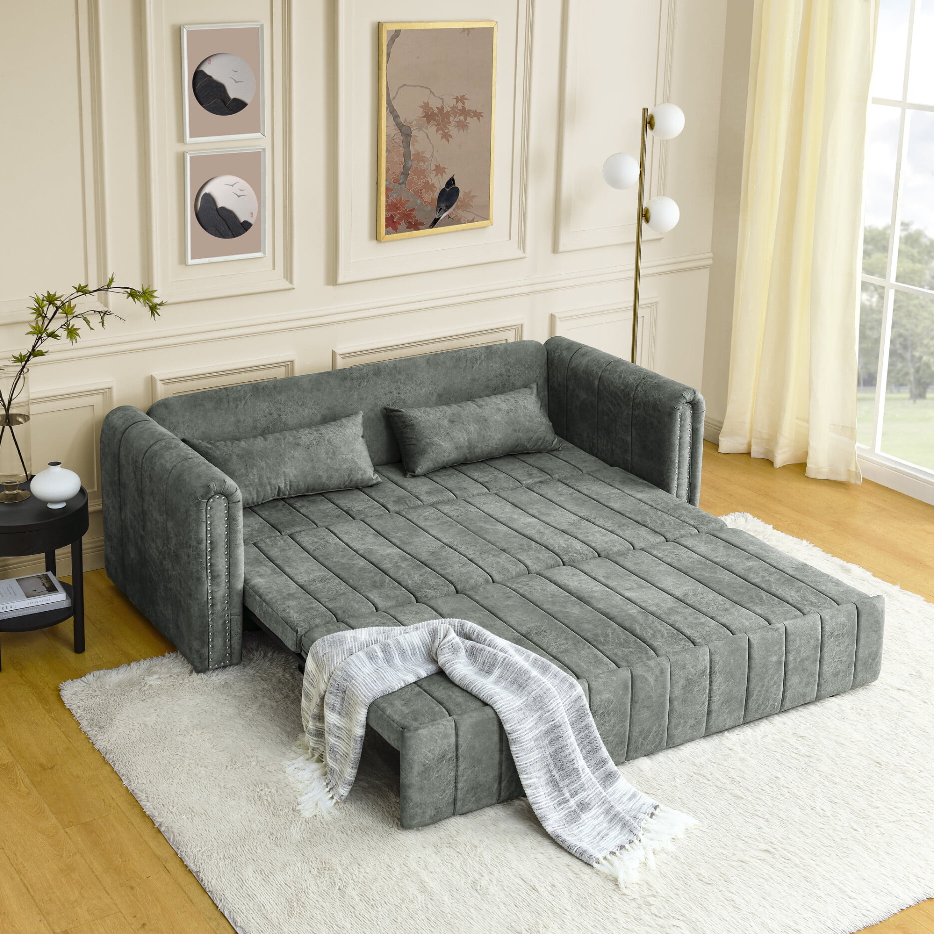 3 in 1 Pull Out Sofa Sleeper with Storage Drawers and Pillows ...
